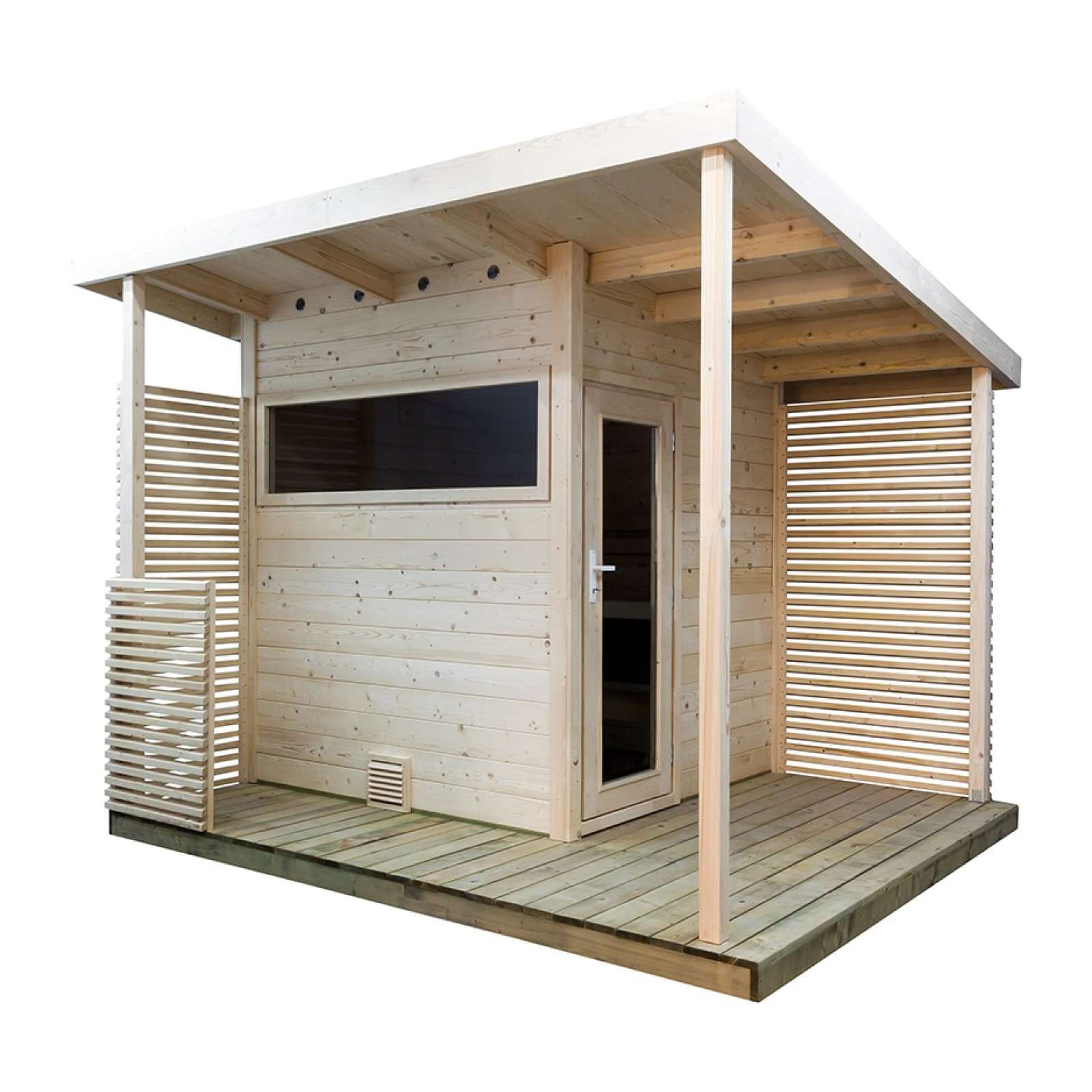 Sentiotec Gartensauna Scala Medium Saunahaus aus Fichte Massivsauna ca. 344x313x270 cm ...